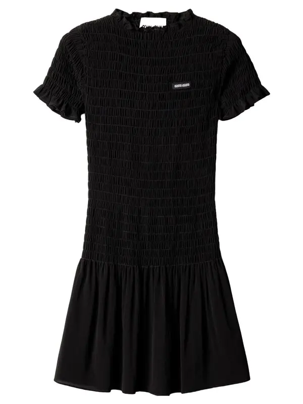 Miu Miu Georgette Mini-dress With Logo Tag - Black