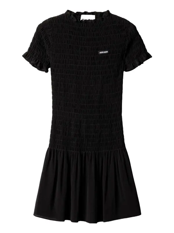 Miu Miu Georgette Mini-dress With Logo Tag - Black