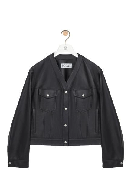 Loewe Long-sleeved Leather Jacket With V-neck And Snap Closure - Black