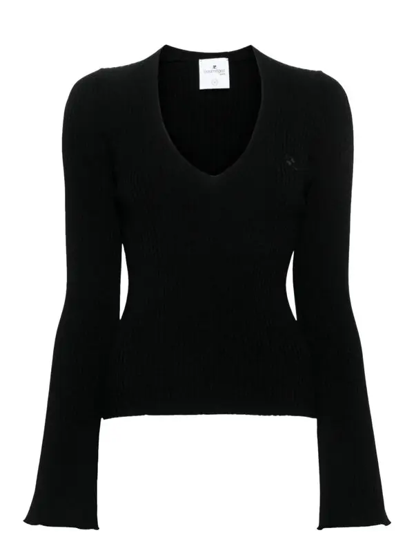 COURREGES V-neck Trumpet Sleeve Ribbed-knit Jumper - Black