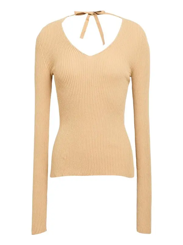 MAISON MARGIELA Ribbed V-neck Long Sleeve Top With Tie Detail - Nude