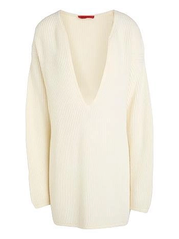 MAXCO. V-neck Long-sleeve Ribbed Knit Sweater - White