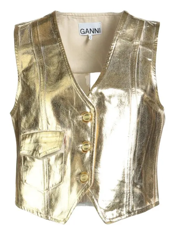 GANNI Metallic Coated Effect Denim Vest - Nude