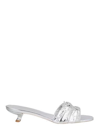 Tory Burch Metallic Leather Square Toe Kitten Heel Sandals - White