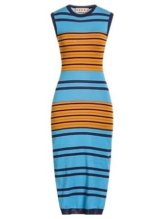 Marni Sleeveless Crewneck Striped Stretch Knit Dress - Blue