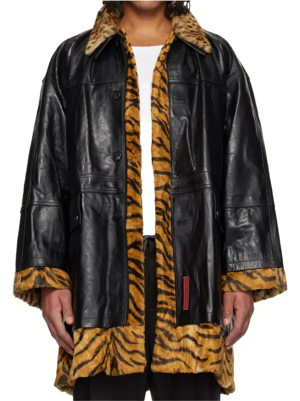 Martine Rose Grained Lambskin Coat With Leopard Print Fur Trim - Black