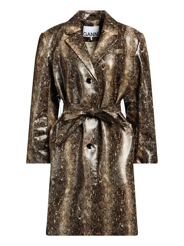 GANNI Snakeskin-print Belted Full-length Jacket - Brown