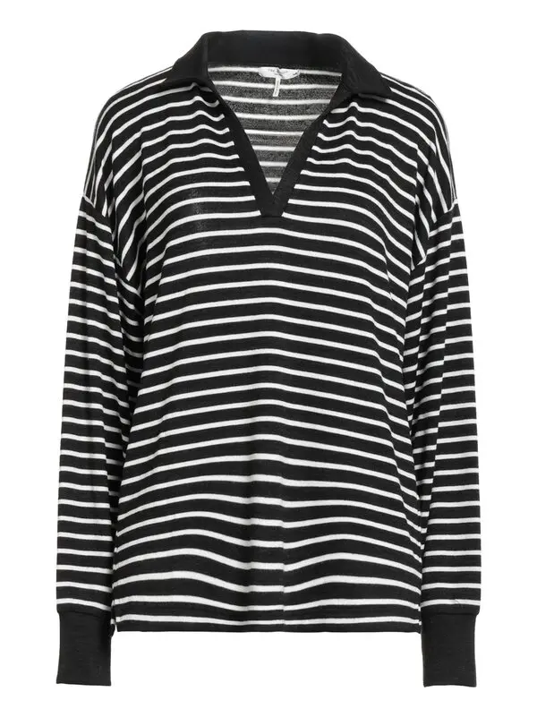 Rag & Bone Striped Knit Sweater With Camp Collar - Black