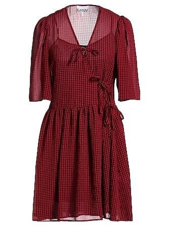 GANNI Plaid Seersucker Short Sleeve Wrap Dress - Red