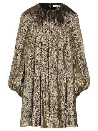 Chloé Lamé Crewneck Long Sleeve Flared Dress - Nude