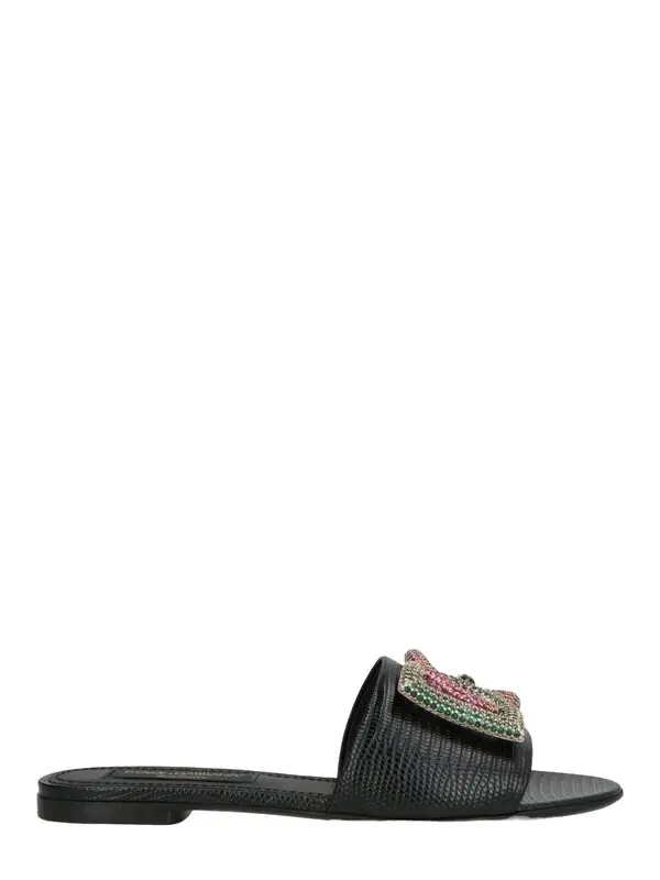 Dolce & Gabbana Embellished Lizard-effect Leather Slide Sandals - Black