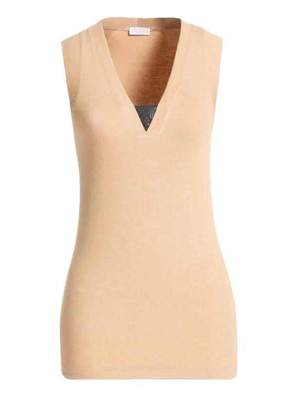 Brunello Cucinelli Sleeveless V-neck Vest With Embellished Neckline - Nude
