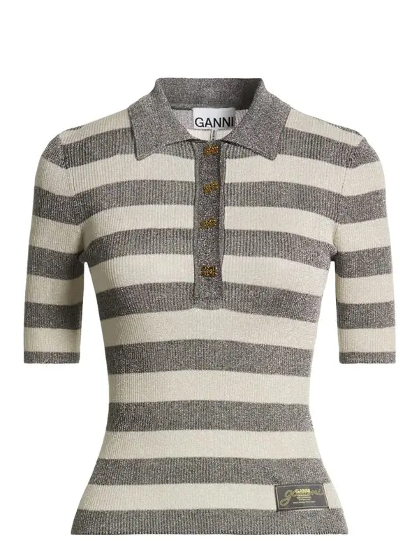 GANNI Striped Knit Polo Shirt - Gray