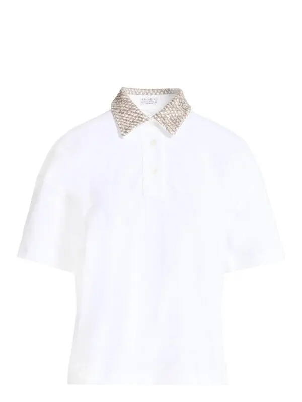 Brunello Cucinelli Short Sleeve Polo Shirt With Embellished Collar - White
