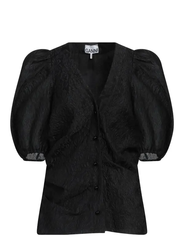 GANNI Jacquard Puff Sleeve V-neck Shirt - Black