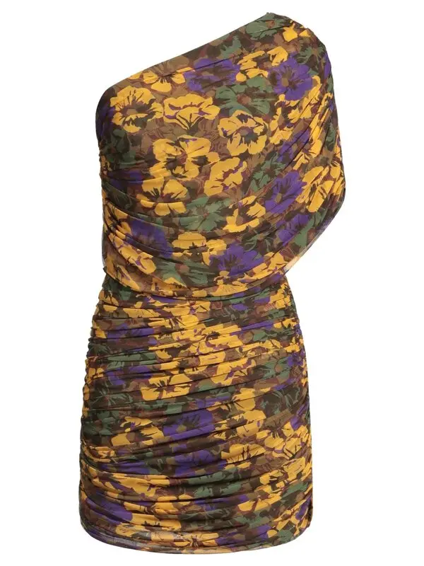 Saint Laurent One-shoulder Floral Tulle Dress - Brown
