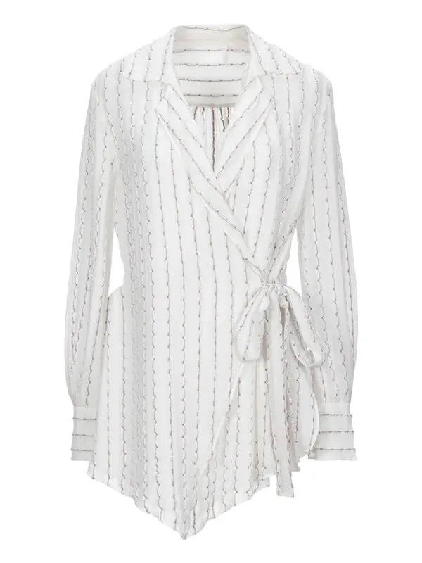 Chloé Striped Long Sleeve Wrap Top With Lapels And Ties - White