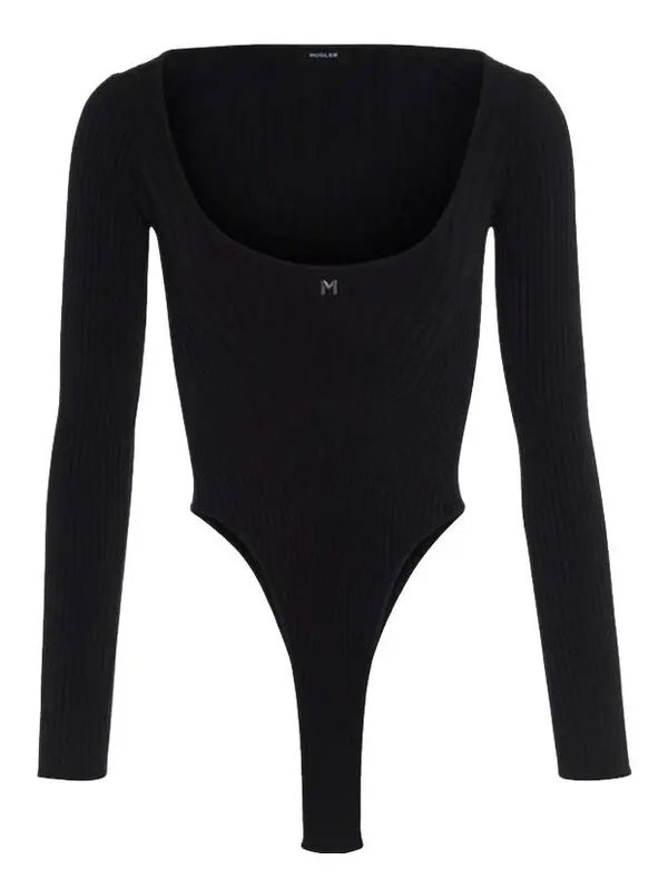 MUGLER Logo-plaque Ribbed Bodysuit - Black