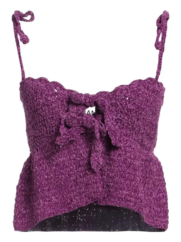 GANNI Cropped Knit Top With Deep V Neckline And Tie Detail - Red