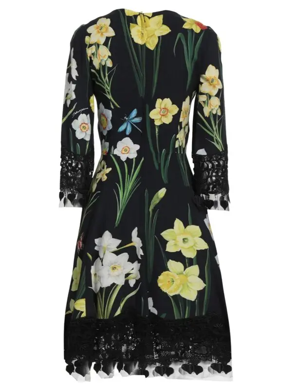 Dolce & Gabbana Floral Print Lace Trimmed Midi Dress - Black