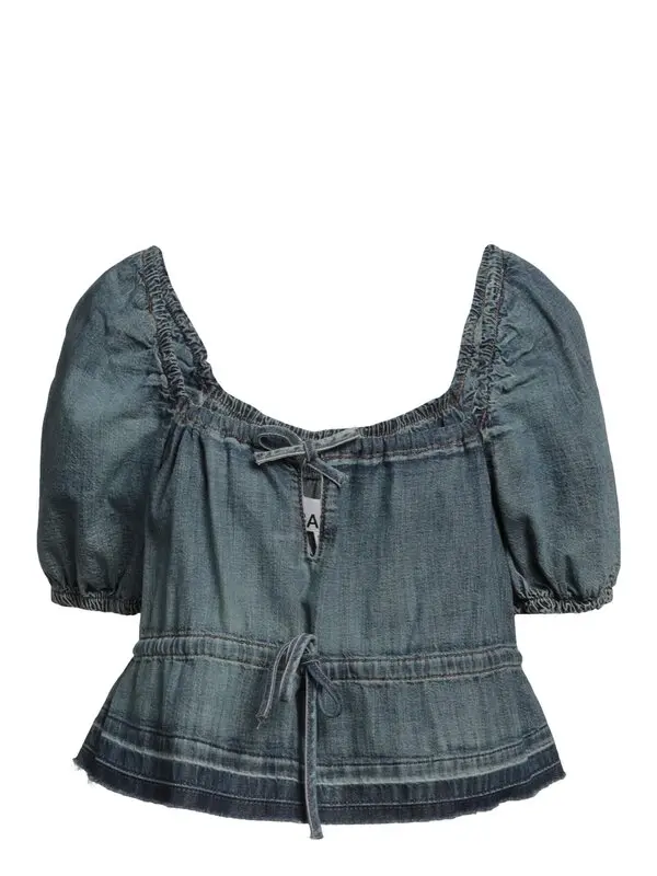 GANNI Denim Short Sleeve Top With Lace-up Detail - Green