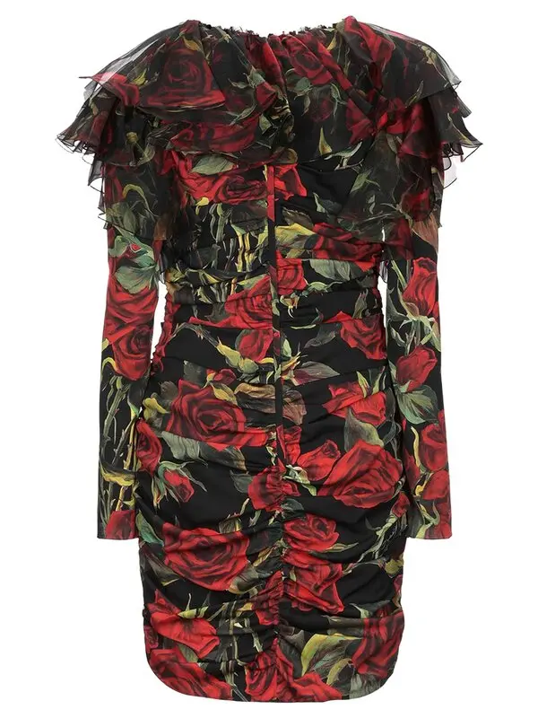 Dolce & Gabbana Floral Print Long Sleeve Ruched Dress - Black