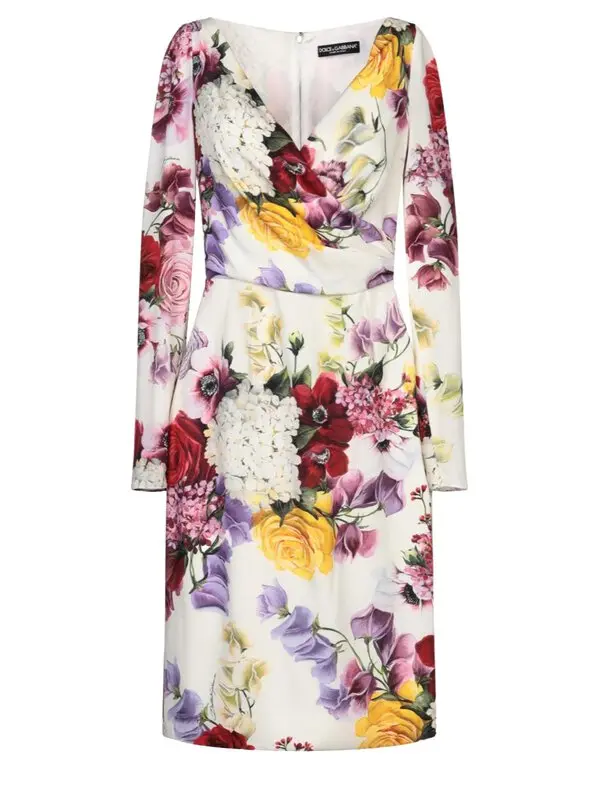 Dolce & Gabbana Floral Print Long Sleeve V-neck Dress - White