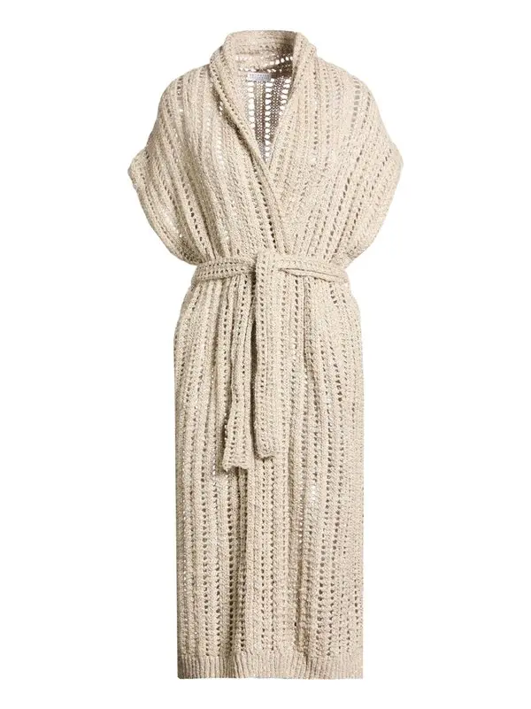 Brunello Cucinelli Long Crochet Cardigan With Belt And Sequins - Nude