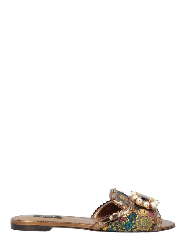 Dolce & Gabbana Multicolor Metallic Jacquard Embellished Slide Sandals - Nude