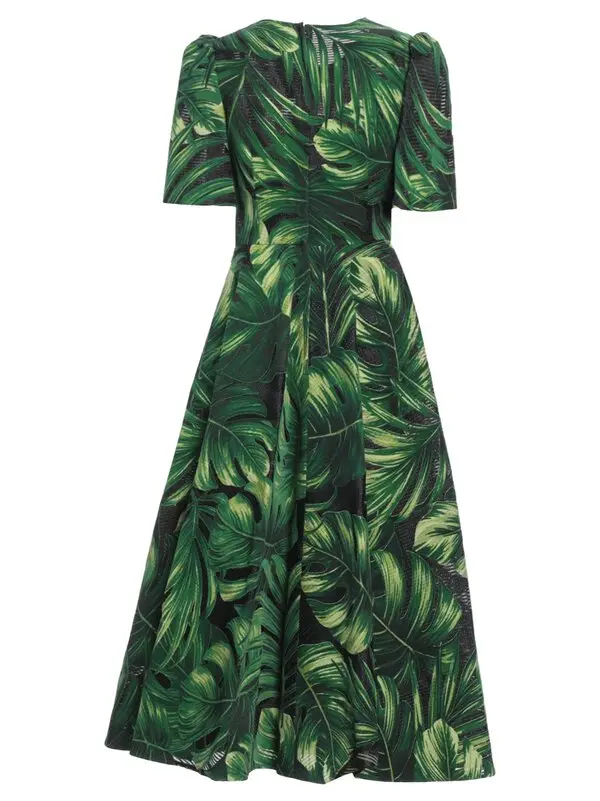 Dolce & Gabbana Leaf Print Jacquard Flared Dress - Green