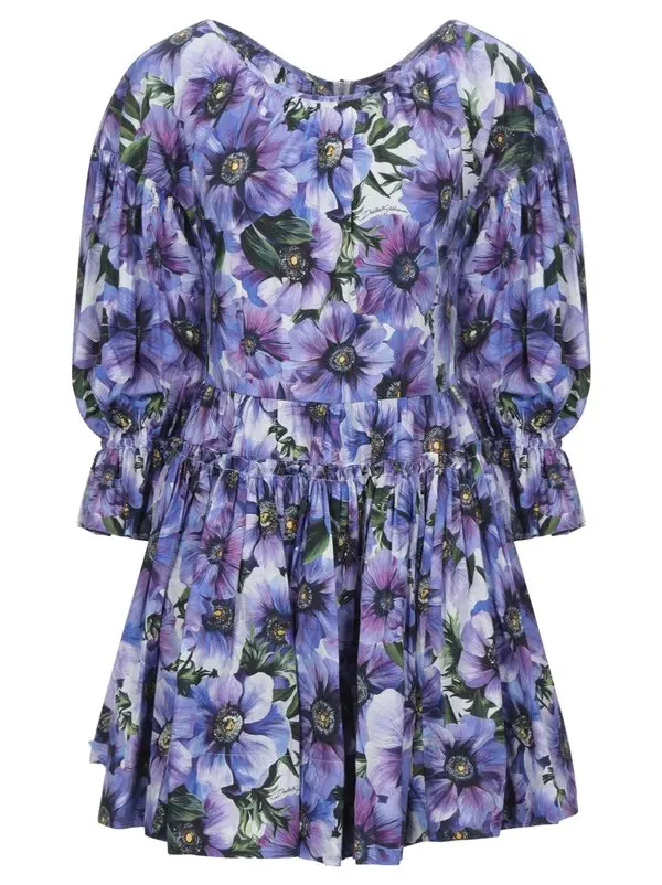 Dolce & Gabbana Floral Print Long Sleeve Flare Dress - Blue