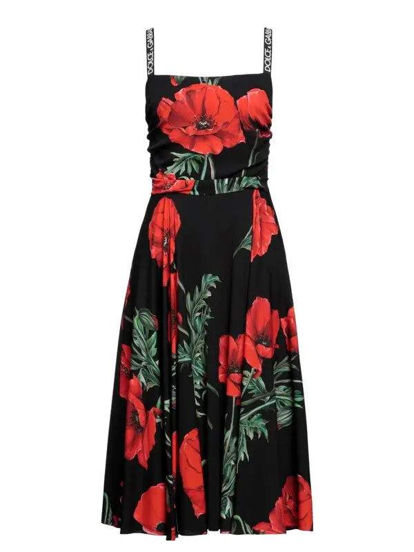 Dolce & Gabbana Floral Print Ruched Midi Dress - Black