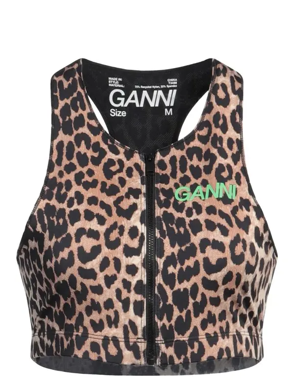 GANNI Leopard Print Sports Top With Zip Closure - Black
