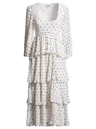 GANNI Polka Dot Tiered Midi Dress - White