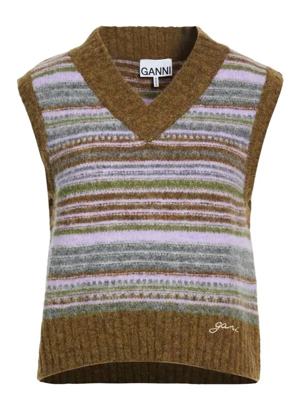 GANNI Sleeveless V-neck Striped Knitwear Vest - Multicolor