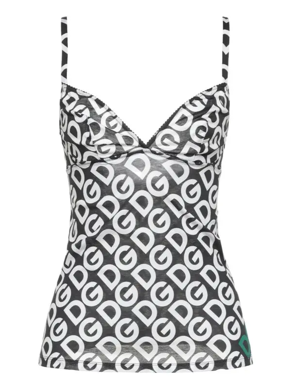 Dolce & Gabbana Logo Print Sleeveless Deep Neck Top - White