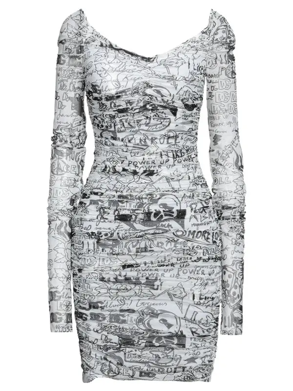 Dolce & Gabbana Long Sleeve Slim-fit Printed Tulle Dress - Gray