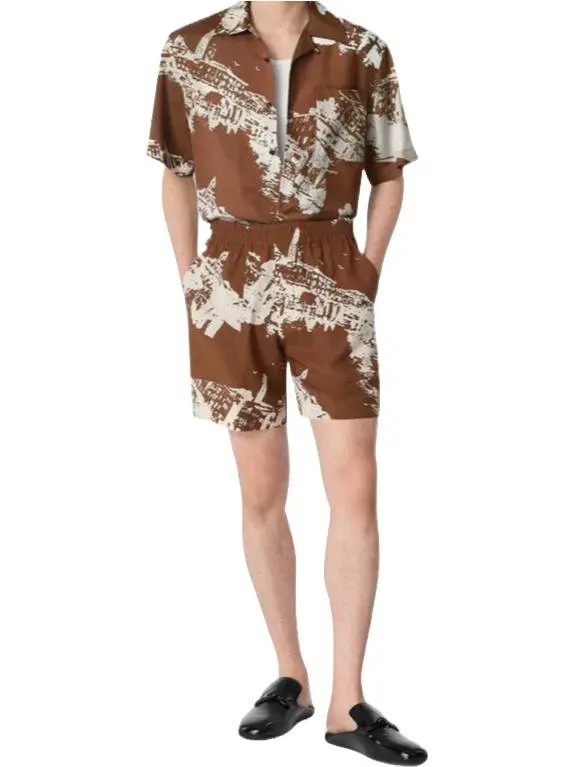 Bottega Veneta Italian Postcard Printed Silk Shantung Shorts - Pecan/dove