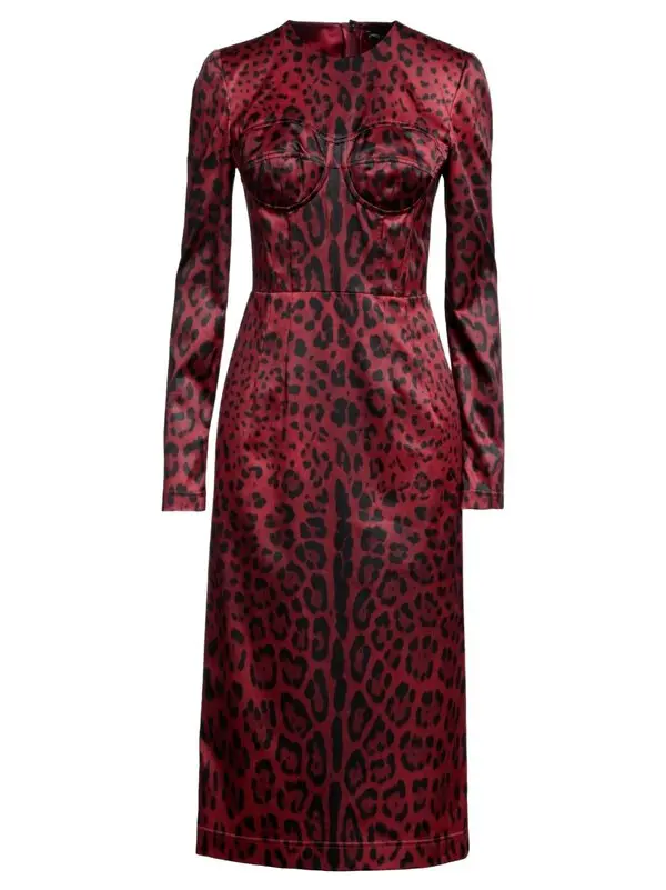 Dolce & Gabbana Leopard Print Fitted Midi Dress - Red