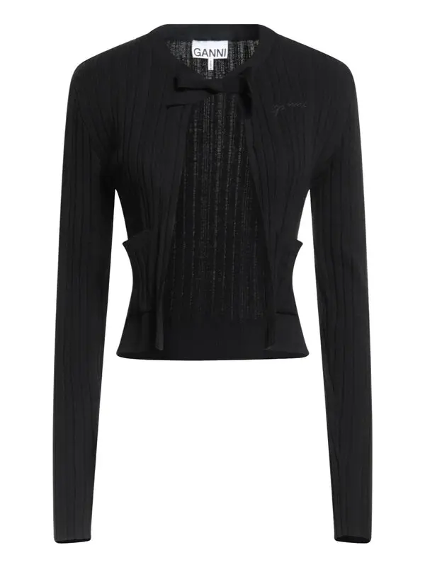 GANNI Ribbed Knit Cardigan With Tie Detail - Black