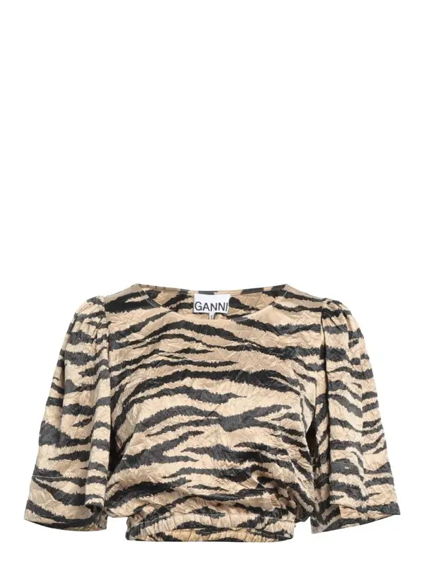 GANNI Zebra Print Satin Cropped Top - Nude