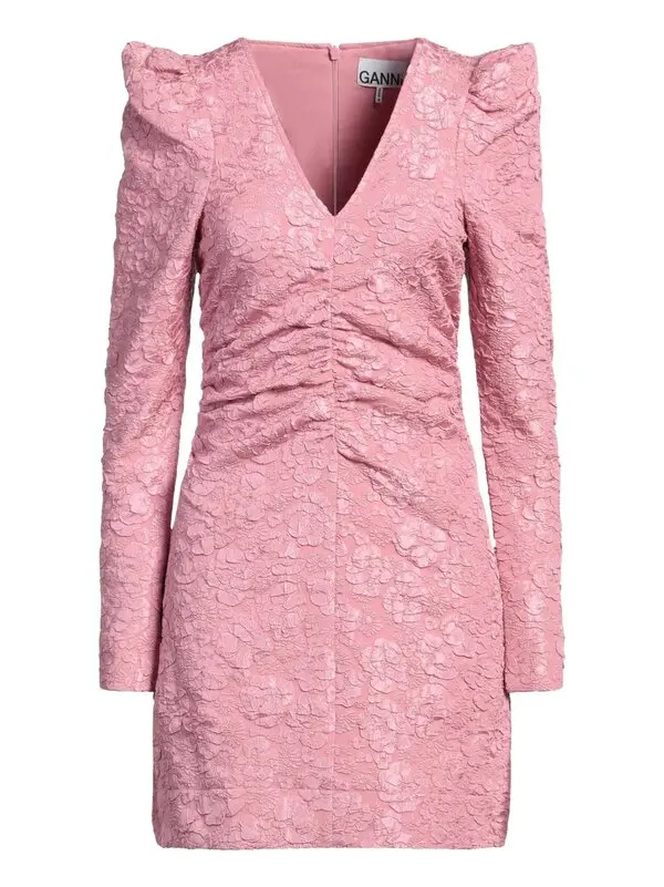GANNI Long Sleeve Ruched V-neck Dress - Pink