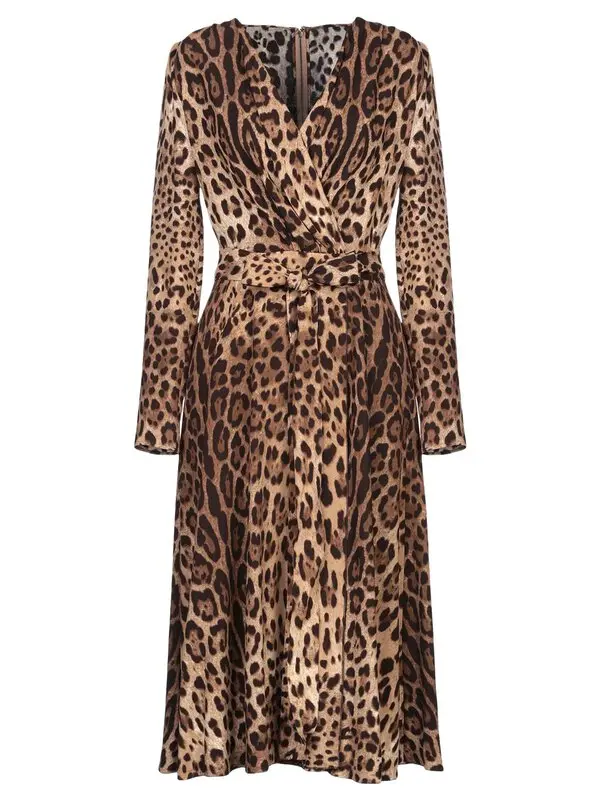 Dolce & Gabbana V-neck Leopard Print Long Sleeve Belted Dress - Brown