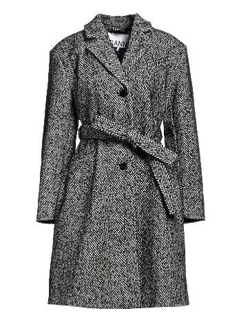 GANNI Belted Herringbone Flannel Coat - Black