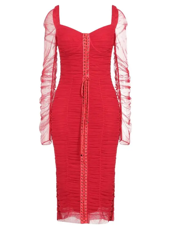Dolce & Gabbana Square Neck Long Sleeve Ruched Dress - Red
