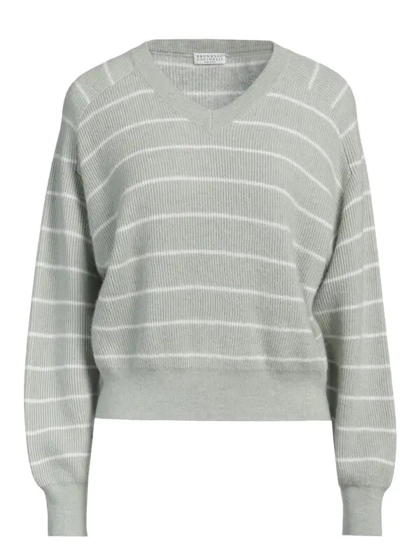 Brunello Cucinelli Striped V-neck Long Sleeve Sweater - Gray