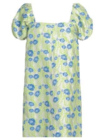GANNI Floral Print Jacquard Short Sleeve Dress - Green
