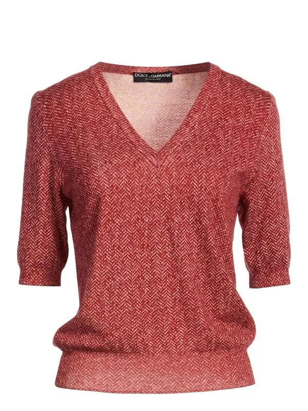Dolce & Gabbana Herringbone Wool V-neck Short Sleeve Knit Top - Red
