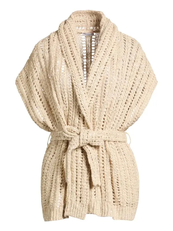 Brunello Cucinelli Crochet Cardigan With Belt And Sequins - Nude