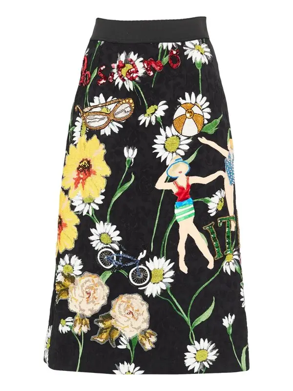 Dolce & Gabbana Embellished Floral Midi Skirt - Black